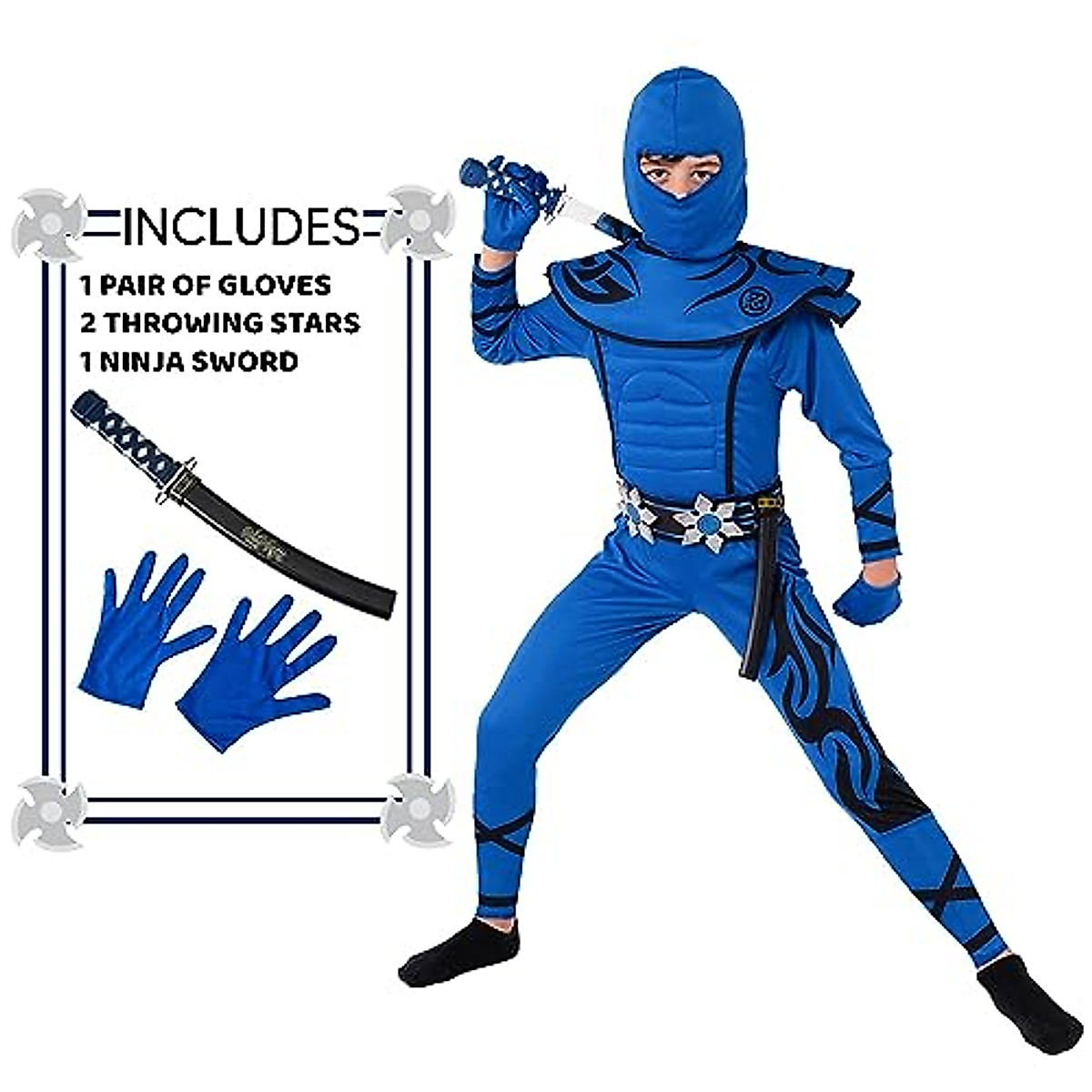 Spooktacular Creations Ninja Costume for Boys, Blue Ninja Kungfu costume for Kids Halloween Dress Up Party, Role Playing, L