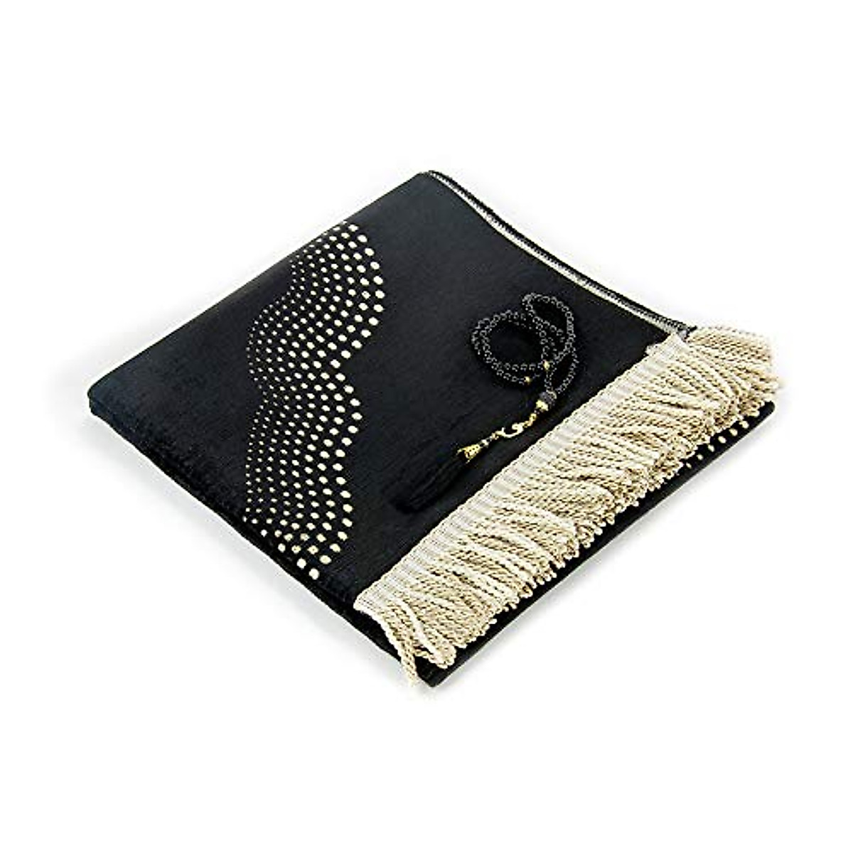 Muslim Prayer Rug with Prayer Beads | Janamaz | Sajadah | Soft Islamic Prayer Rug with Mihrab Design | Islamic Gifts | Prayer Carpet Mat, Chenille Fabric, Black