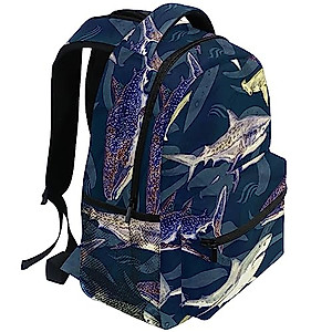 Oarencol Sharks Dark Blue Whale Hammerhead Watercolor Wave Animal Cartoon Fish Backpacks Bookbags Daypack Travel School College Bag for Womens Girls Mens Boys Teens