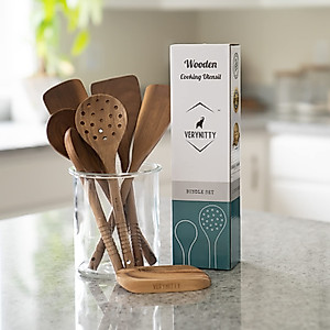 VERY NITTY Very Beautiful Kitchen Utensil Set, 7pc Wooden Cooking Utensils, Spoons and Spatula Set with Spoon Rest. Wood Kitchen Gadgets, Tools and Supplies for Cooking, Baking, Mixing and Salad Bowl