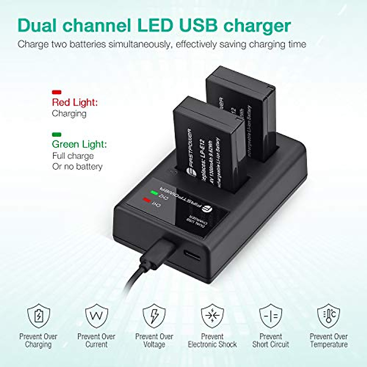 FirstPower 2-Pack LP-E12 Batteries and USB Dual Battery Charger Compatible with Canon EOS M, M2, M10, M50, M50 Mark II, M100, M200, Rebel SL1, PowerShot SX70 HS Digital Cameras