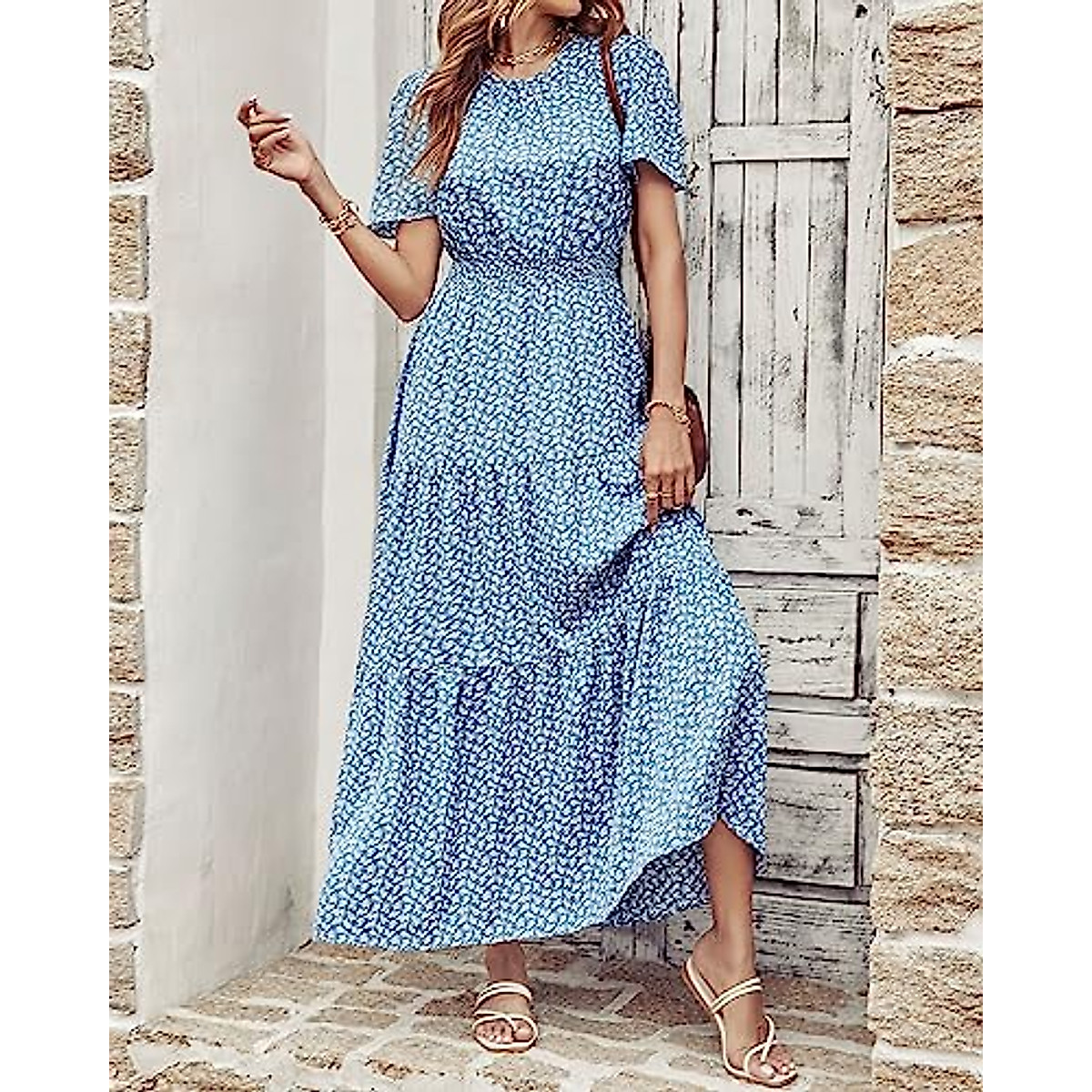 PRETTYGARDEN Women's Summer Casual Short Flutter Sleeve Round Neck Smocked Waist Tiered Boho Floral Flowy Maxi Dress(Small, Leaves Sky Blue)