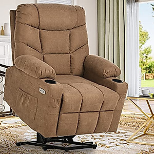 YITAHOME Electric Power Lift Recliner Chair for Elderly, Fabric Recliner Chair with Massage and Heat, Spacious Seat, USB Ports, Cup Holders, Side Pockets, Remote Control (Brown)