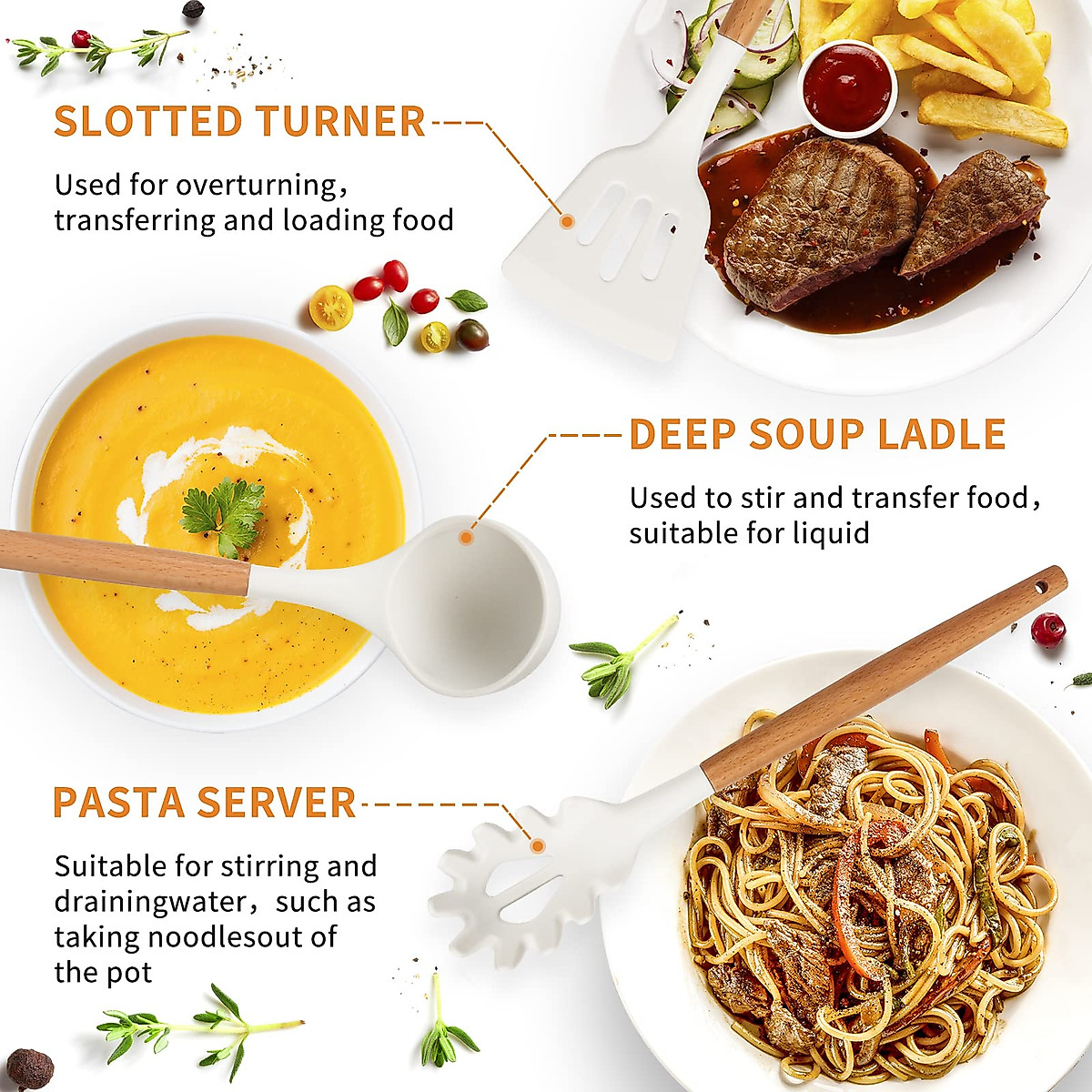 White Kitchen Utensils Set-12 Pieces Silicone Cooking Utensils Set with Wooden Handle (Dishwasher Safe) 392°F Heat Resistant Spatula Set, Nonstick Cookware,Best Kitchen