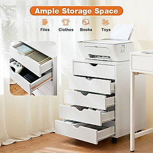 Sweetcrispy 5 Drawer Chest- Dressers Storage Cabinets Wooden Dresser White Mobile Cabinet with Wheels Room Organizer Rolling Small Drawers Wood Organization Furniture for Office, Home
