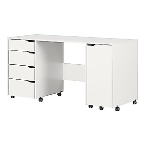 South Shore Crea Craft Table on Wheels with Sliding Shelf, Storage Drawers and Scratchproof Surface, Pure White