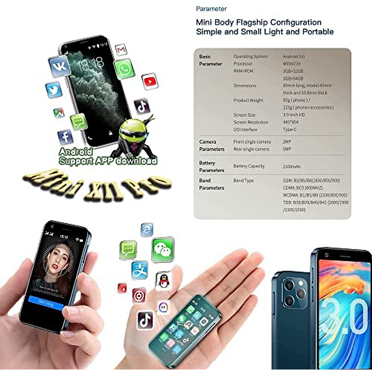 Mini Smartphone iTiny 12 Pro Max - The World's Smallest 12 Pro Max 4G LTE Android Mobile, Super Small 3" HD TouchScreen Global Unlocked Great for Kids 3GB RAM / 32GB ROM Tiny iPhone XII Pro Look Alike