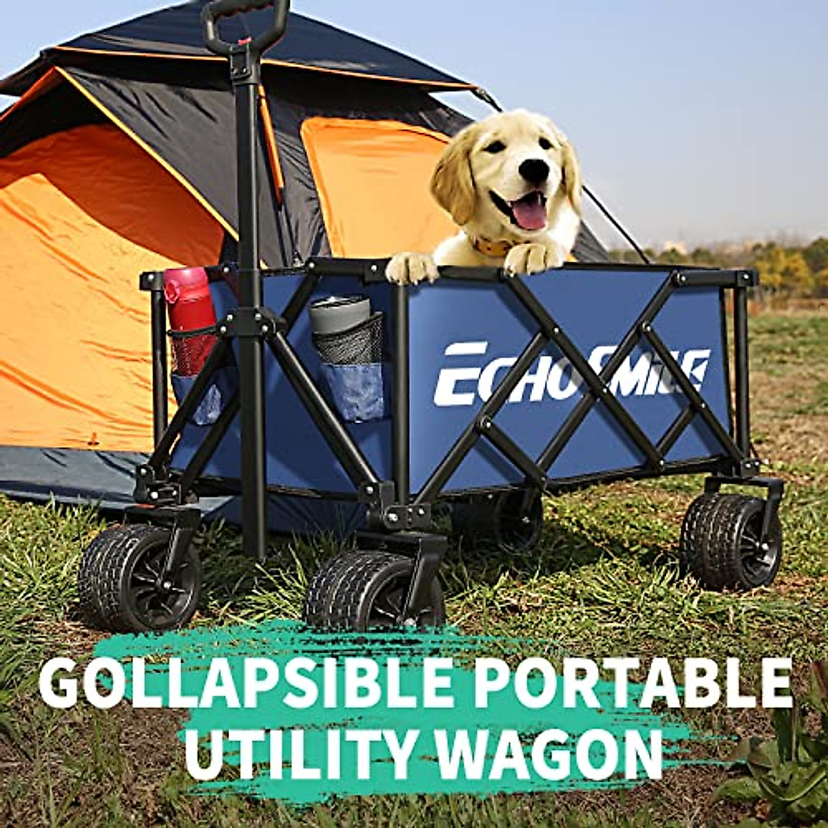 EchoSmile Collapsible Folding Wagon Cart, Beach Wagon for Sand with Big Wheels, Heavy Duty 400lbs Capacity Utility Wagon, Portable Garden Cart with Adjustable Handle, Foldable Grocery Wagon for Sports