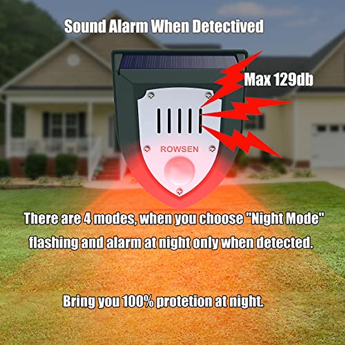 Solar Sound Alarm Motion Detector Warning Alarm Outdoor 129db Sound Security Flashing Light IP65 Waterproof All Day and Night Mode for Home Villa Yard Farm Storage Room