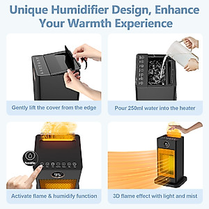 Space Heater with Humidifier, 3-in-1 Space Heaters for Indoor Use with Motion Sensor/3D Flame Effect,1500W Portable Heater for Office/Bedroom/Home/Room/Garage/Electric Heater with Thermostat/Oscillat