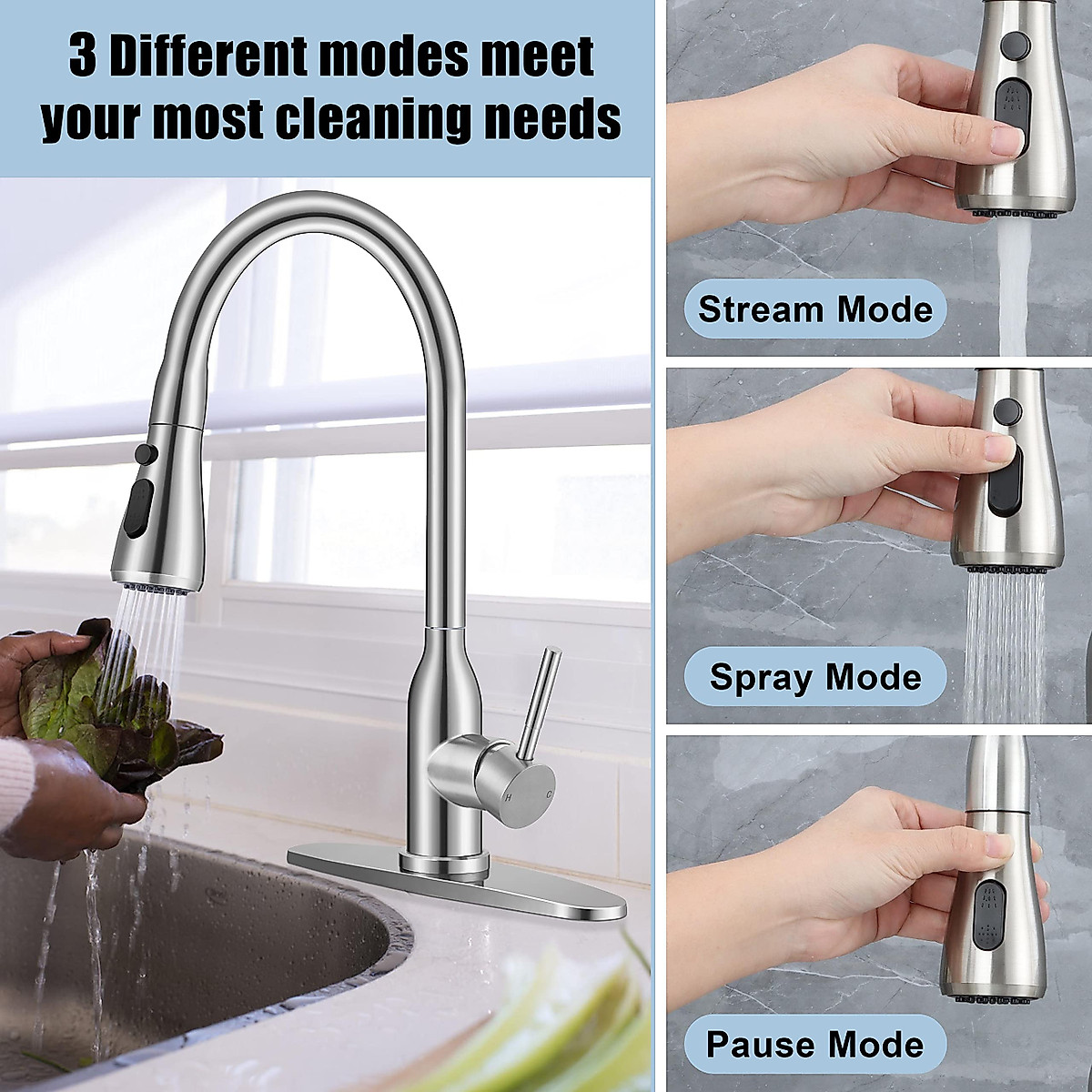 Homikit Kitchen Sink Faucet Brushed Nickel with Pull Down Sprayer, 304 Stainless Steel Kitchen Faucets with Deck Plate for 1 or 3 Hole, High Arc Commercial Faucet for Farmhouse Laundry Utility Rv Bar