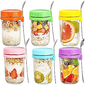 wookgreat Overnight Oats Jars, Overnight Oats Container with Leakproof Lid and Spoon Set of 6, 16 Oz Glass Mason Jars, Large Capacity Wide Mouth Jars with Measure Marks for Cereal Milkshake Meal Prep