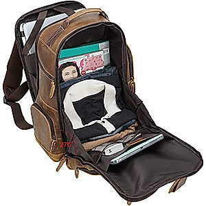 Masa Kawa Vintage Full Grain Leather 15.6" Laptop Backpack for Men Large Camping Travel Rucksack Weekender Daypack, Brown