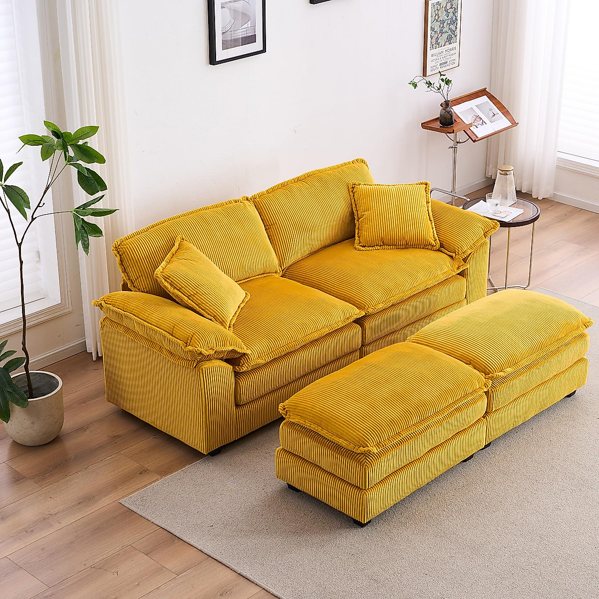 ONEMMLION 84.6" Modular Sectional Sofa Oversized Loveseat, Modern Upholstered Cloud Couch with 2 Ottoman, Comfy Corduroy Deep Seat Sleeper Sofa for Living Room, Small Space, Yellow