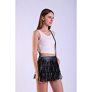 Glossy Fringe Cross Body Shoulder Bag Tassel Womens Purse(Black)