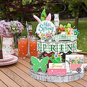 12 PCS Spring Tiered Tray Decor Set Flowers Mini Wood Signs Hello Spring Wooden Table Signs Flowers Butterfly Truck Wood Decors with Holder for Spring Party Supplies Home Table Centerpieces