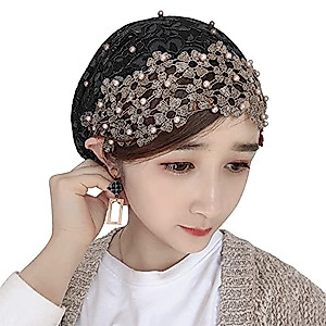 NICEYST Women Turban Hat Cancer Chemo Beanie Cap Headscarf Lace Embroidery Floral Beaded Islamic Muslim Hijab Head Wraps Black, One Size