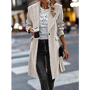 ECOWISH Women Coat Long Jacket: Winter Fashion Long Sleeve Lapel Casual Overcoat With Belt Beige Large
