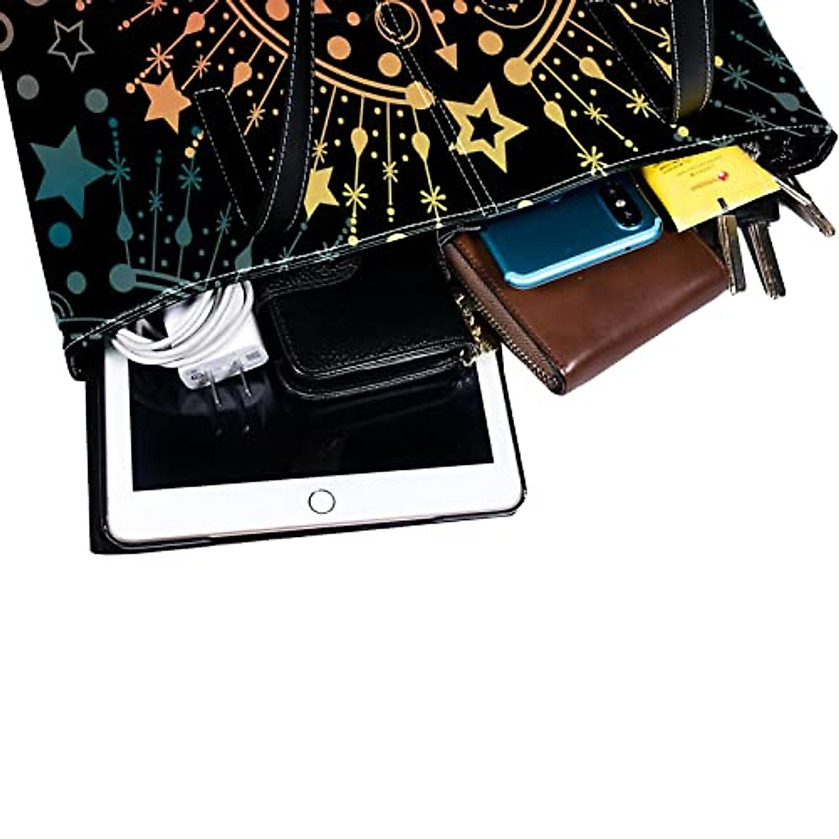Tote Shoulder Bag for Women, Large Leather Handbags for Travel Work Beach Outdoors Magical Star Moon Astrology Alchemy
