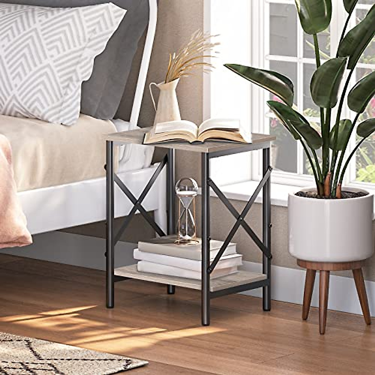 ALLOSWELL Nightstands Set of 2, End Tables with Storage Shelf, Bedside Tables X-Shaped Design, Side Tables for Living Room, Bedroom, 14.6 x 10.6 x 19.9 Inches, Easy Assembly, Greige ETHG2801S2G1