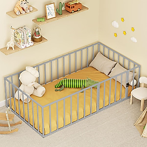 ROOMTEC Montessori Twin Floor Bed Frame Metal 77×41×21 with Fence and Door Easy Assembly for Bedroom Playroom