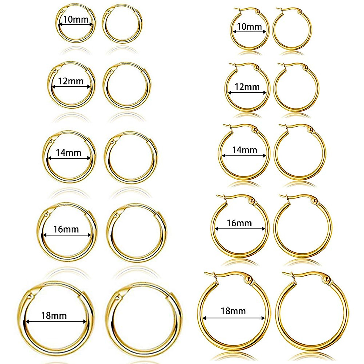10 Pairs Gold Hoop Earrings for Women Small Stainless Steel Hypoallergenic Earrings Set Mens Unisex Nickel Free 10MM-18MM