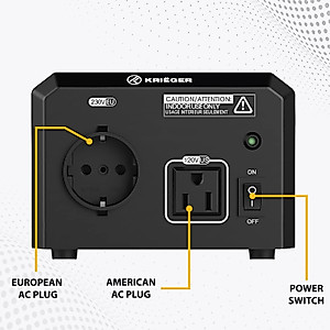Krieger 450 Watt Voltage Transformer, 110/120V to 220/240V Step Up Step Down Voltage Converter with AC Outlets, MET Approved Under UL, CSA