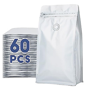 ODDIER 16oz 1 lb 60pcs Coffee Bags with Valve,Vented Coffee Bags Barrier Bags Store Bags Coffee Packaging Coffee Storage Pouches（White）