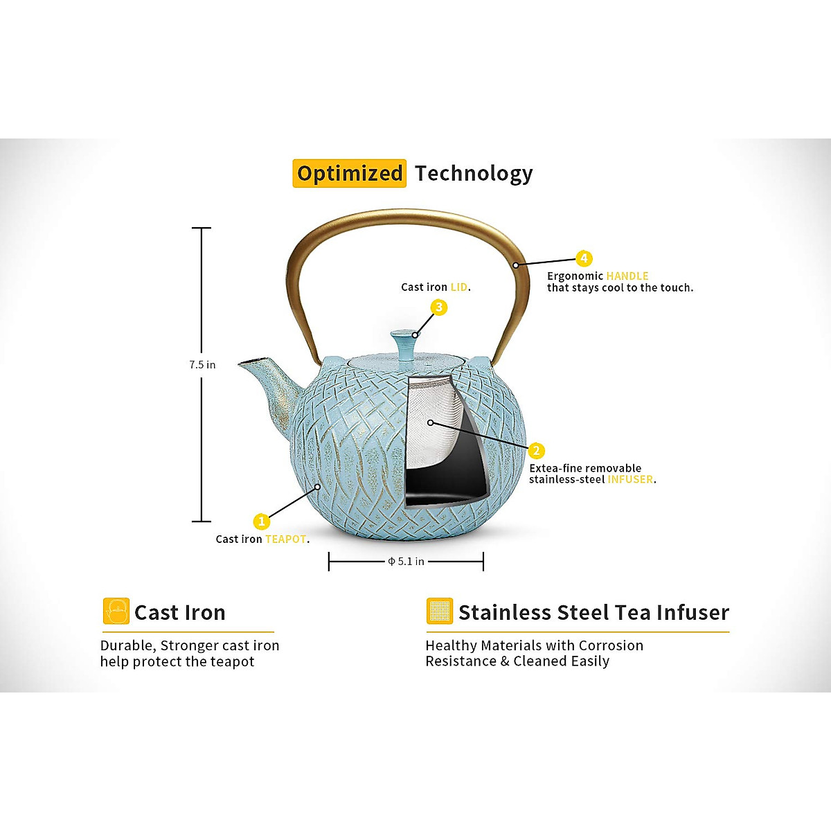 Tea Kettle, Toptier Japanese Cast Iron Tea Kettle for Stove Top, Stovetop Safe Teapot with Infusers for Loose Tea, 34 Ounce (1000 ml), Turquoise Melody