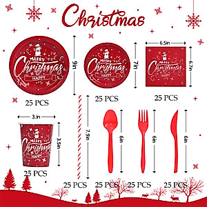 Merry Christmas Tableware Set for 25 Guests, Red Paper Plates Set with Plates Napkins Cups Straws Cutlery for Christmas Party Supplies, 200 pcs Disposable Party Dessert Dinnerwares