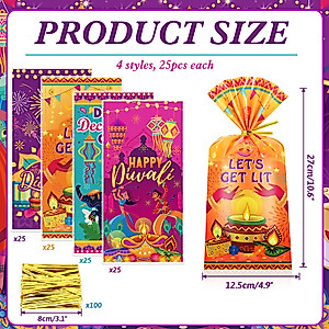 HOWAF 100pcs Happy Diwali Cellophane Bags, Diwali Candy Bags with Twist Ties for Festival of Lights Party Favor Supplies, Indian Deepavali Goodie Bags Elephants Gift Wrapping Bags, 4 Design