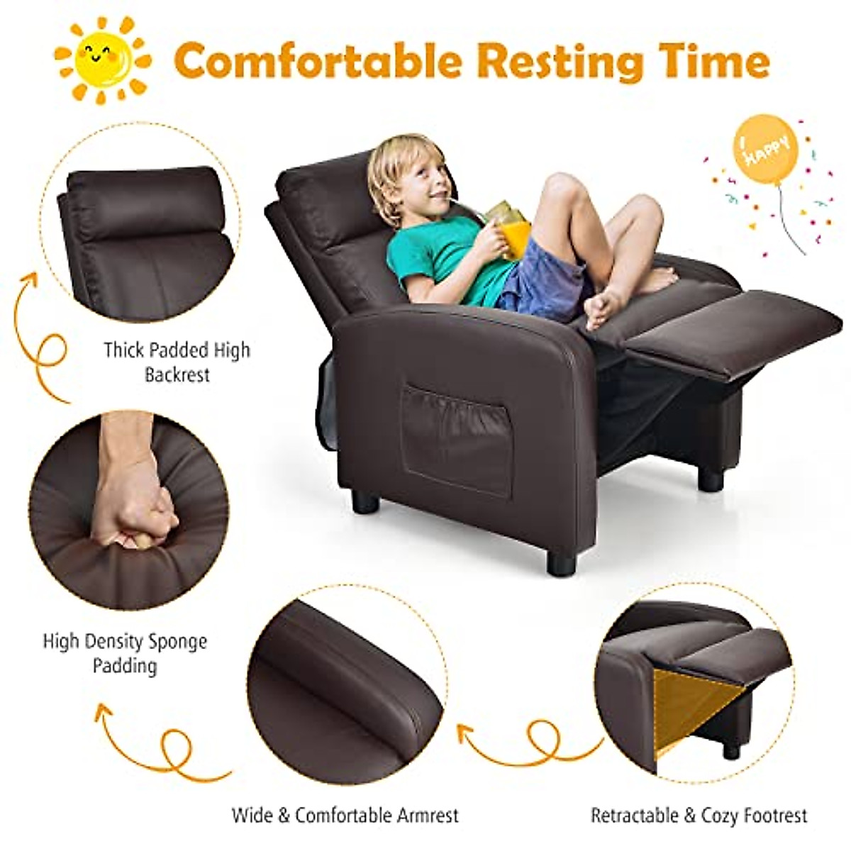 Costzon Kids Recliner, Adjustable PU Leather Lounge Chair w/Side Pockets, Footrest, Headrest for Kids Room & Play Room, Easy to Clean, Padded Recliner Sofa for Children Boys Girls Aged 3-12 (Brown)
