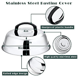 9In Cheese Melting Dome, HaSteeL 4Pcs Stainless Steel Round Basting Cover, Lightweight Steam Cover Lid with Plastic Handle, Durable for Kitchen Flat Top Griddle Grill Indoor & Outdoor, Easy to Clean