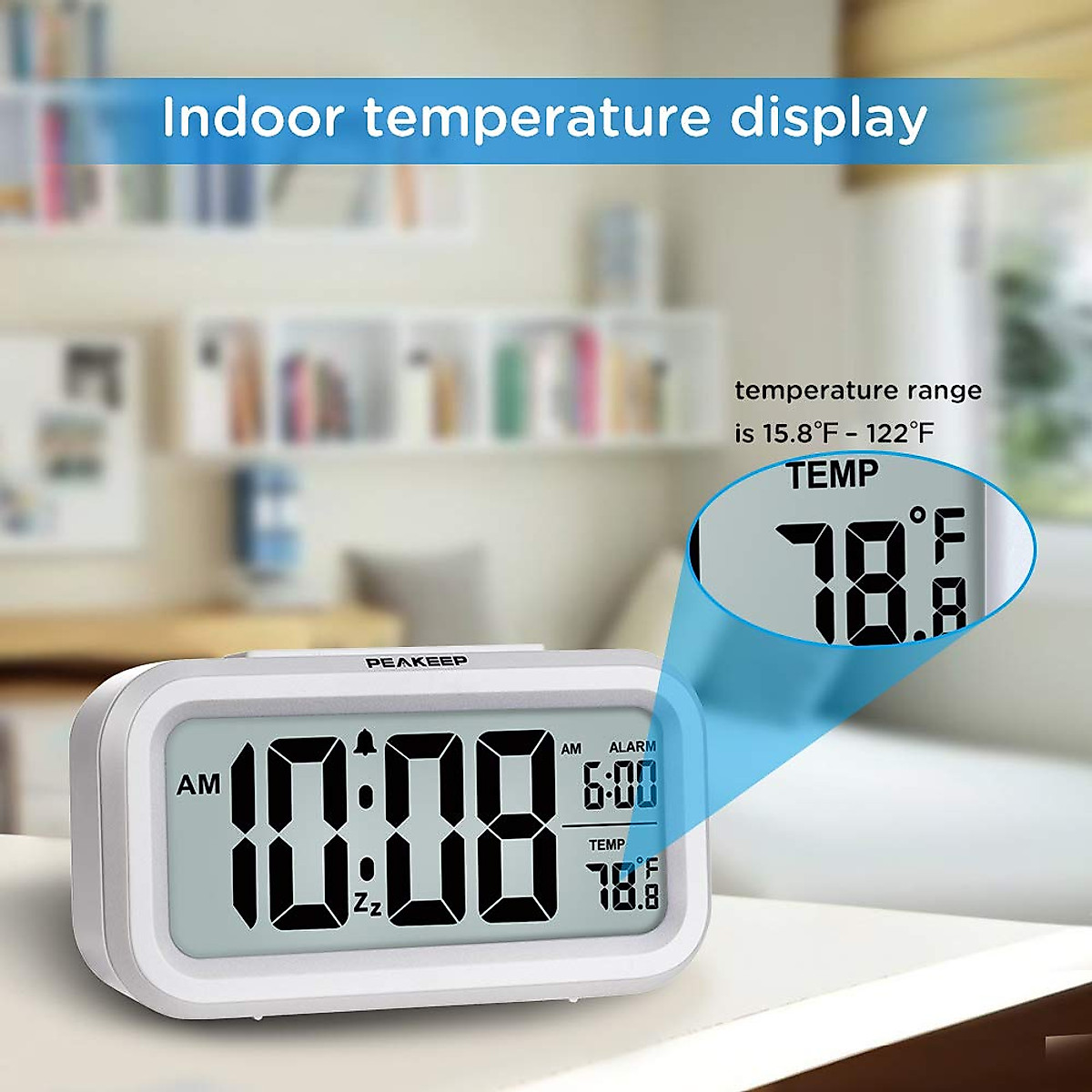 Peakeep Night Light Digital Alarm Clock Battery Operated with Indoor Temperature, Desk Small Clock (White)