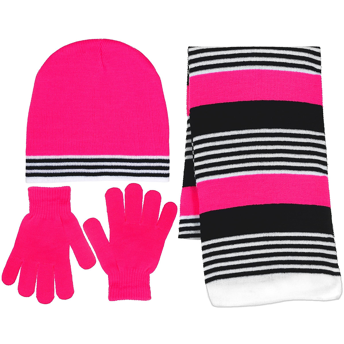 Girl's 3 Piece Knit Hat, Scarf & Gloves Set (Pink-Black), OSFM