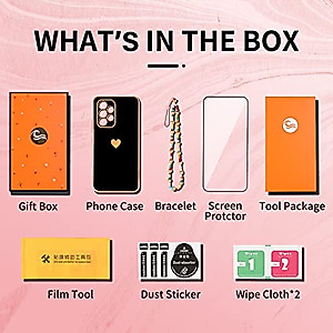 Shorogyt Heart Case for Samsung Galaxy A32 5G (Not Fit 4G) 6.5 Inch Women Cute Aesthetic Love Hearts Pattern Girls Black Gold Luxury Girly Design Cases Trendy Cover+Screen+Chain for A32 5G 6.5”(3in1)