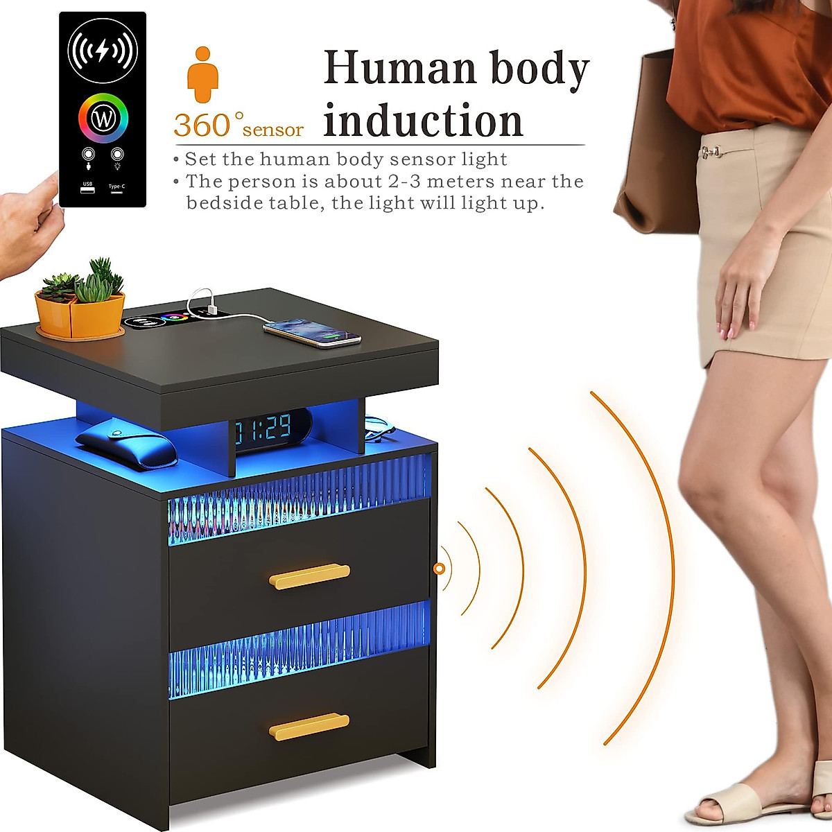 FREDESS Dresser and Night Stand Sets for Bedroom, Modern Bedside Table and Dressers with LED Light & Charging Station, Nightstands Set of 2 & 6 Drawer Dresser Combo 3 Pieces (Black)