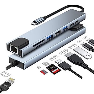 SLAUNT USB C Hub 8 in 1 USB C Adapter Compatible with MacBook Pro/Air M1 iPad Switch Docking Station USB C Ethernet Adapter HDMI Multiport Adapter Laptop USB C Hub TF/SD Card Reader USB PD Charging