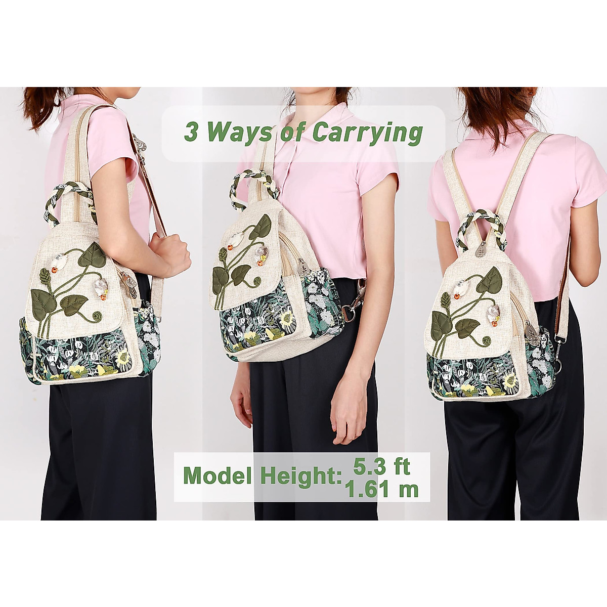 AULUDA Girl's Convertible Sling Bag, Hand Craft Artisan Purse, Beautiful Canvas Premium Casual Day Mini Backpack for Women (Green Marsh)