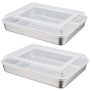 12.3 Inch Baking Lasagna Pan with Lid, P&P CHEF Rectangular Cake Pan Stainless Steel and Airtight Plastic Lids, Ideal for Cooking Reheating Roasting Baking Storing, Heavy Duty - Set of 4