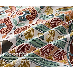 SLEEPBELLA Duvet Cover Queen Size, 600 Thread Count Cotton Beige & Dark Red Printed with Luxurious Botanical Pattern Boho Comforter Cover Sets, Bedding Set 3Pcs (Queen, Beige-Bohemian)