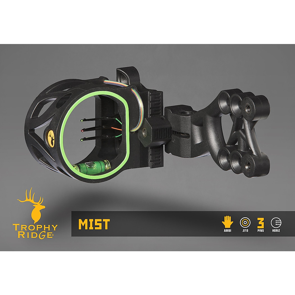 Trophy Ridge Mist 3 Pin Archery Bow Ambidextrous Sight - Ultra-Bright .019 Fiber Optic Pins, Multiple Mounting Holes for Added Adjustability, Green Hood Accent for Quicker Shot Acquisition