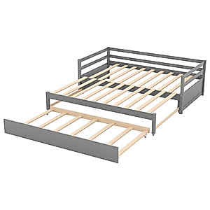 Merax Modern Extending Daybed with 2 Pop Up Trundle Beds Twin to King Wood Sofa Day Bed with Headboard No Box Spring Needed Grey