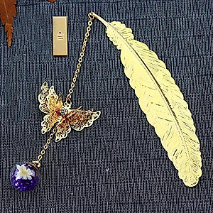 Toirxarn Metal Feather Leaf Bookmark Set Purple, Butterfly Pendant Gift for Women