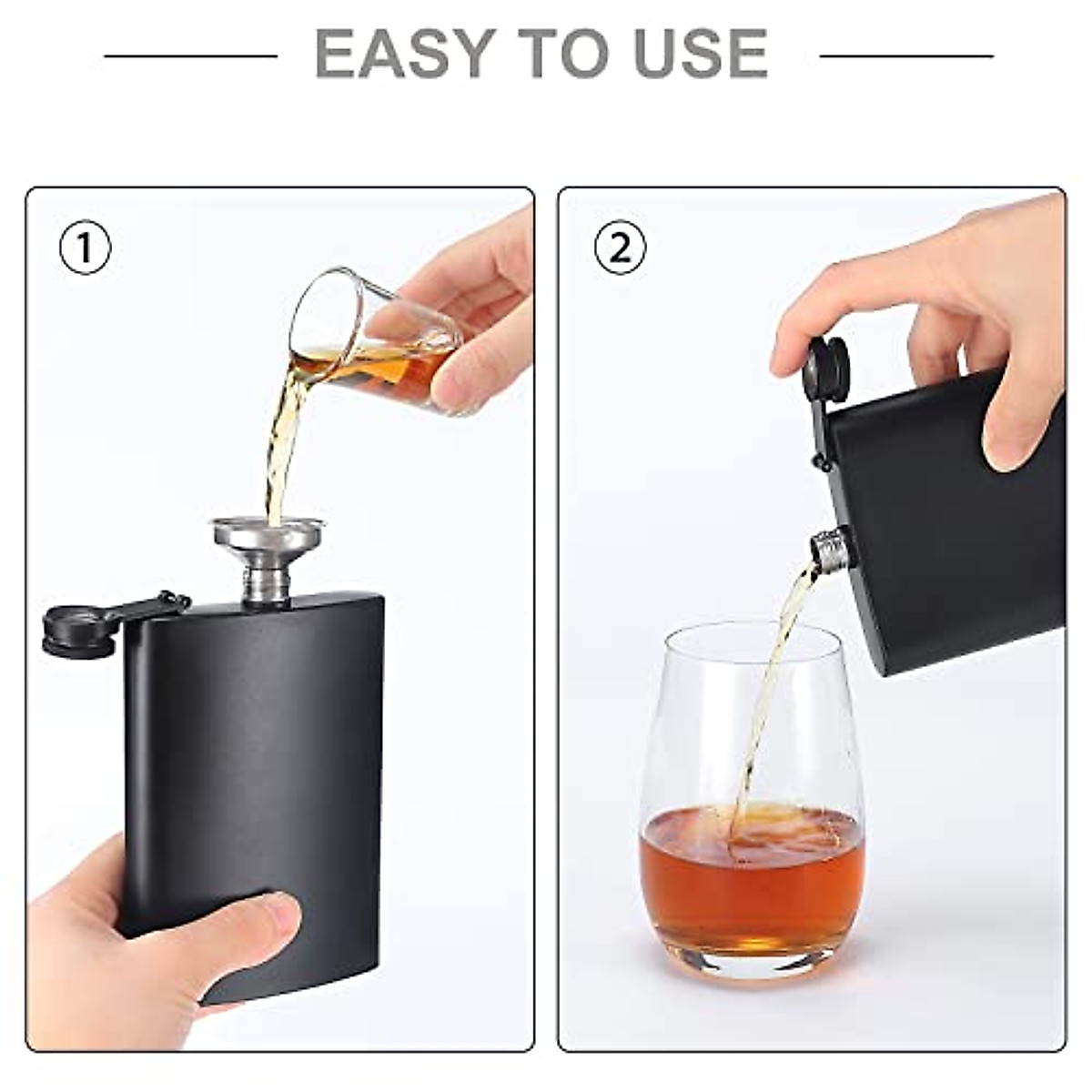 2 Pack Hip Flasks for Liquor Matte Black 8 Oz Stainless Steel Leak-proof Thin Flasks with 2pcs Funnels and Cups for Wedding Party, Groomsman, Bridesmaid, Gift