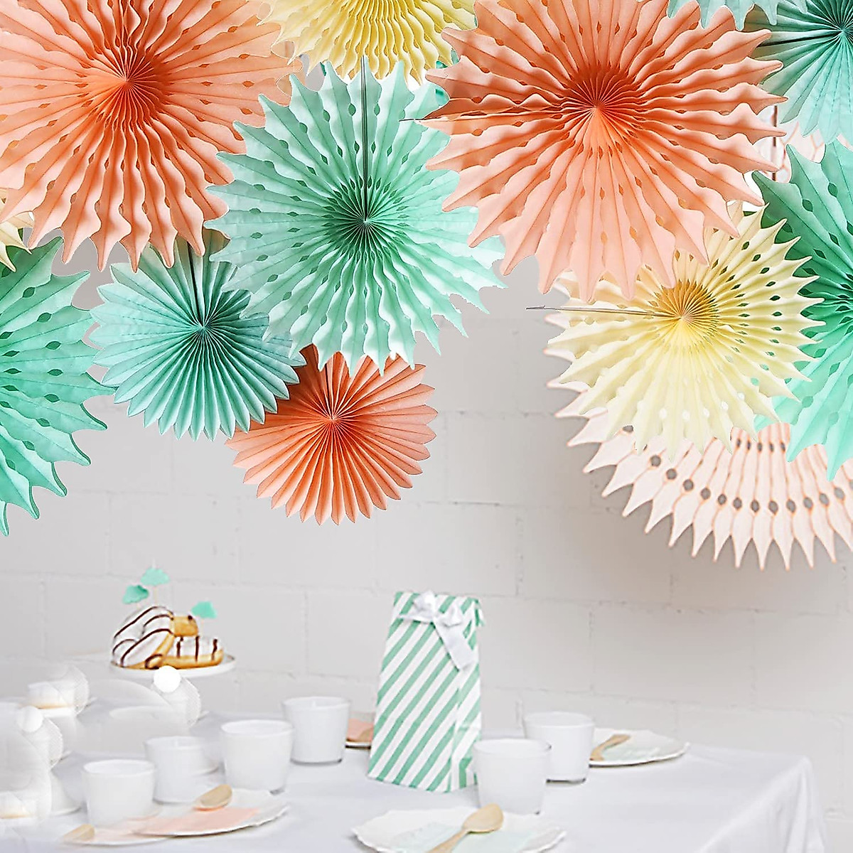 Boho Rainbow Party Decorations/Mint Peach Birthday Party Decorations/Mint Peach Baby Shower Decorations/7pcs Tissue Paper Fan Flower/Mint Peach Wedding Bridal Shower/