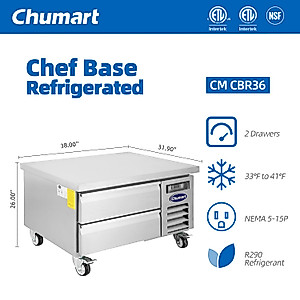 CHUMART 36" Chef Base Refrigerator, 2 Drawer Refrigerated Commercial Refrigerator, Stainless Steel Undercounter Refrigerator, Kitchen Equipment for Restaurant, Bar, Garage