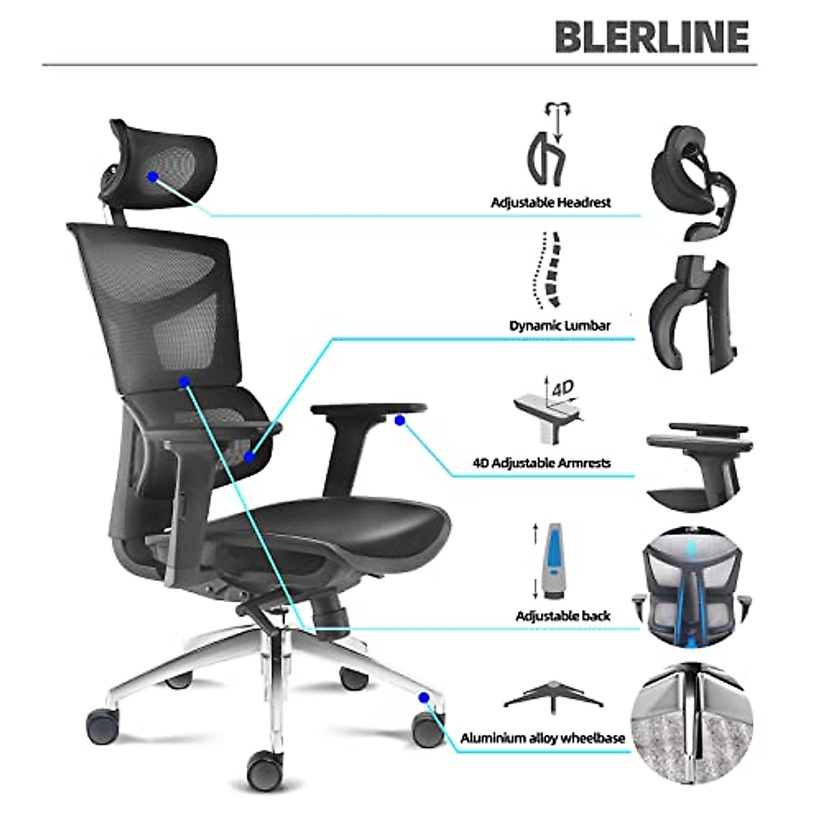 blerline Ergonomic Office Chair, Tall Comfortable Home Office Computer Desk Chair with Wheels, with 4d Armrests Headrest High Back Lumbar Support Reclining Mesh Office Chair, for Gaming, Work (Black)