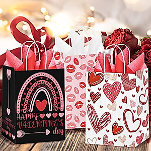 24 Pcs Valentines Day Gift Bags with Handle, Valentines Kraft Paper Bags with Tissue Paper, Treat Goodies Bag for Valentine's Day Party Favors Funny Gift Exchange Novelty Gift Giving Gift Wrapping