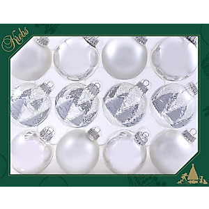 Glass Christmas Tree Ornaments - 67mm/2.63" Designer Balls from Christmas by Krebs - Seamless Hanging Holiday Decorations for Trees - Set of 12 Ornaments (Silver with White Festive Trees)